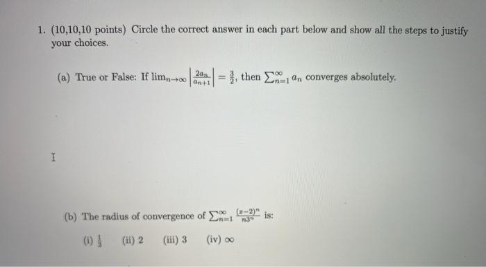 Solved 1. (10,10,10 points) Circle the correct answer in | Chegg.com