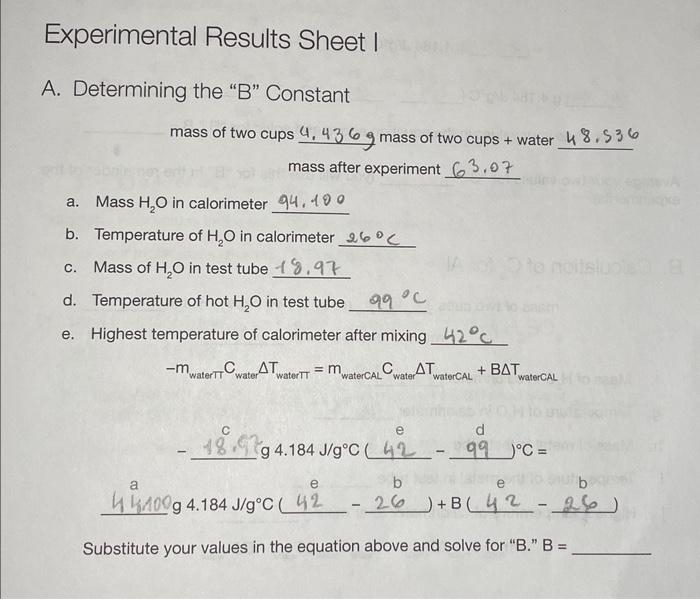 Solved A. Determining the "B" Constant mass of two cups | Chegg.com