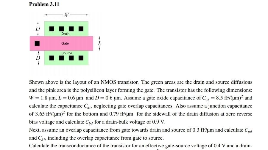 Solved Problem 3.11 W D Drain Gate L Source D Shown above is | Chegg.com