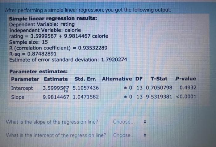 Solved After performing a simple linear regression, you get | Chegg.com