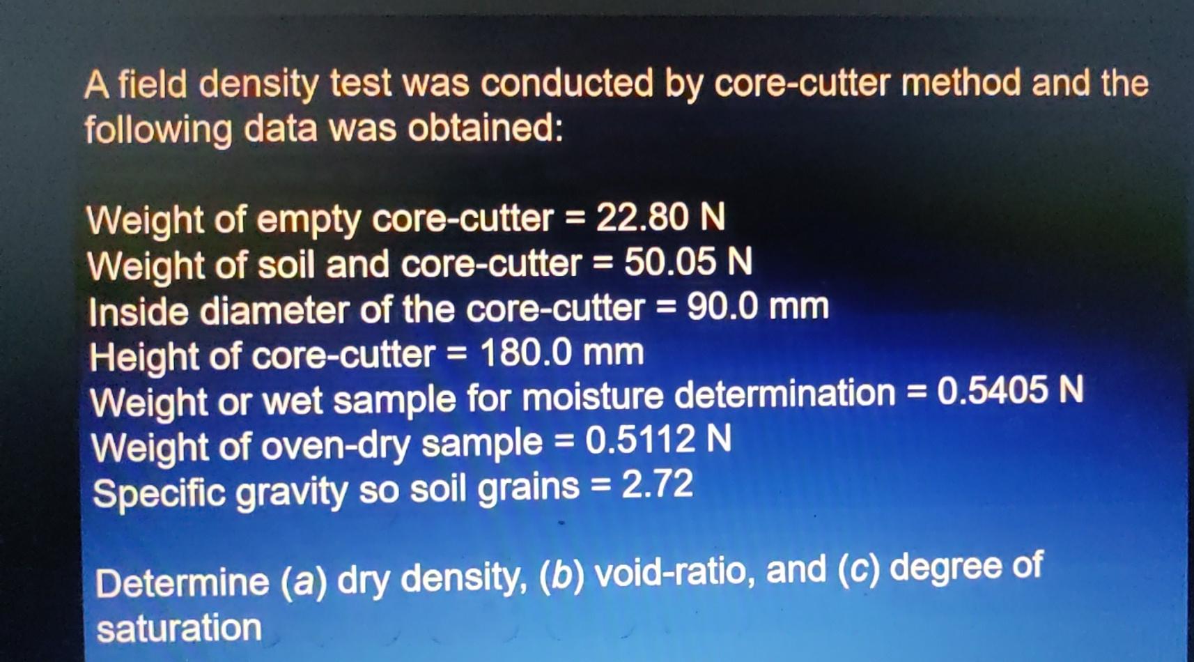 Solved A field density test was conducted by core-cutter | Chegg.com