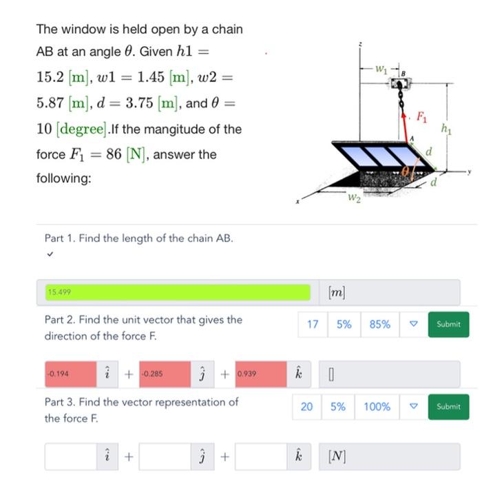 Solved The window is held open by a chain AB at an angle θ. | Chegg.com