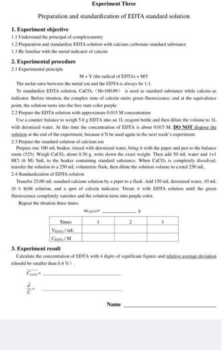 Experiment Three Preparation and standardization of | Chegg.com