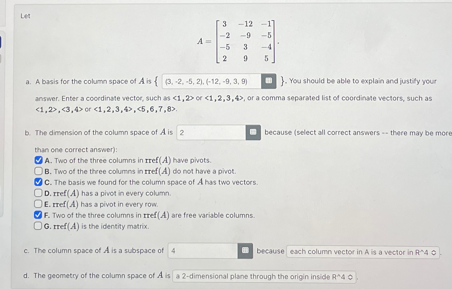 Solved LetA=[3-12-1-2-9-5-53-4295]a. ﻿A basis for the column | Chegg.com