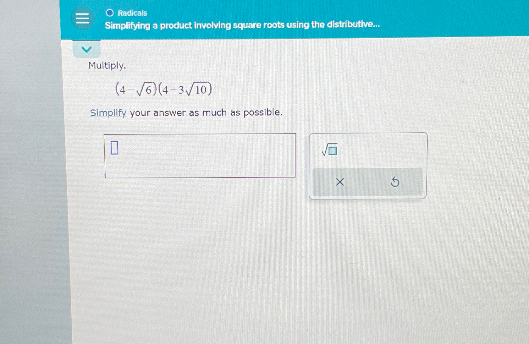 Solved RadicalsSimplifying a product involving square roots | Chegg.com