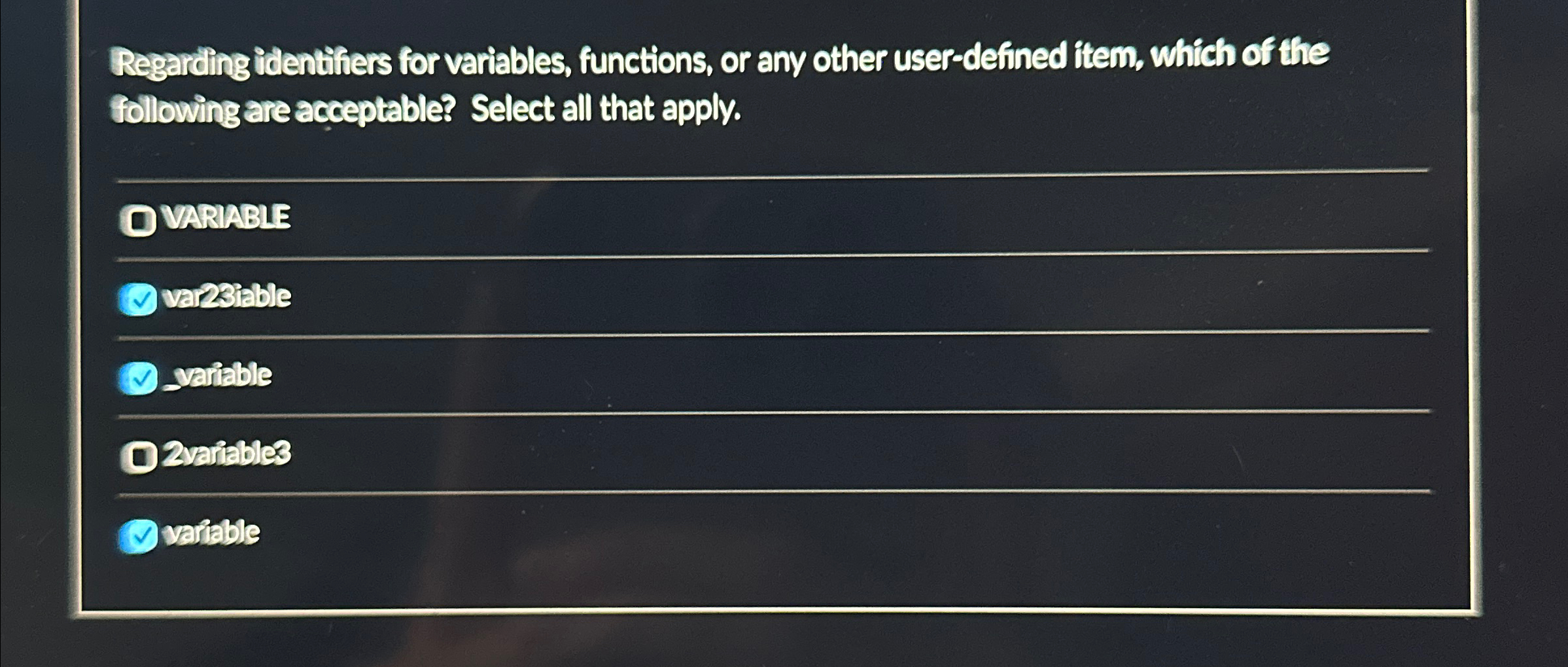 Solved Regarding identifiers for variables, functions, or | Chegg.com