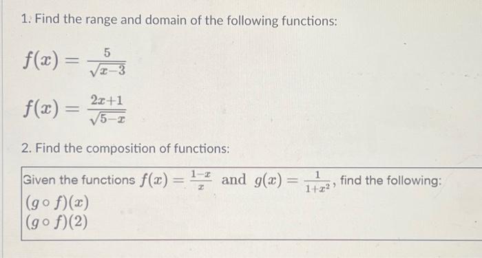Solved 1. Find the range and domain of the following | Chegg.com