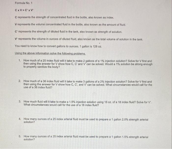 Solved Formula No. 1 CxV=C'XV Crepresents the strength of | Chegg.com