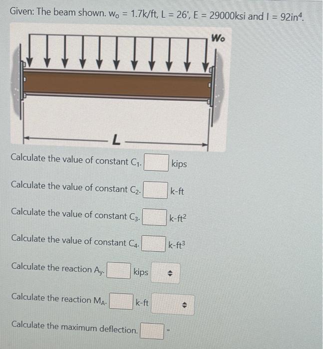 Solved Given: The beam shown. w0=1.7k/ft,L=26′,E=29000ksi | Chegg.com