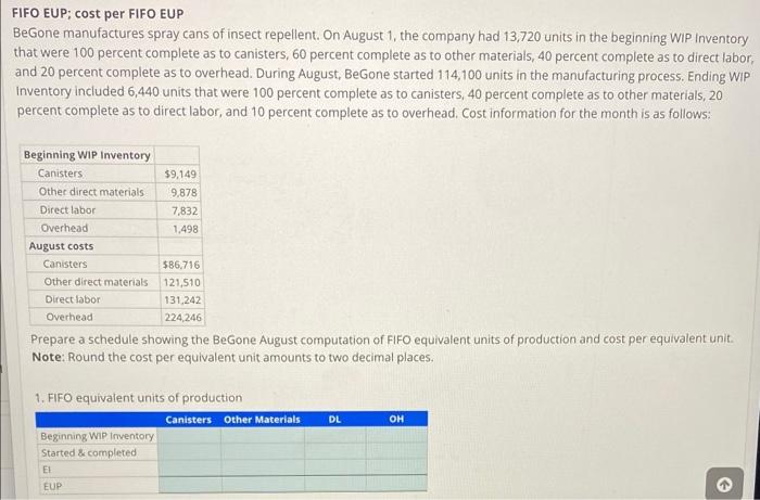 Solved FIFO EUP; cost per FIFO EUP BeGone manufactures spray | Chegg.com