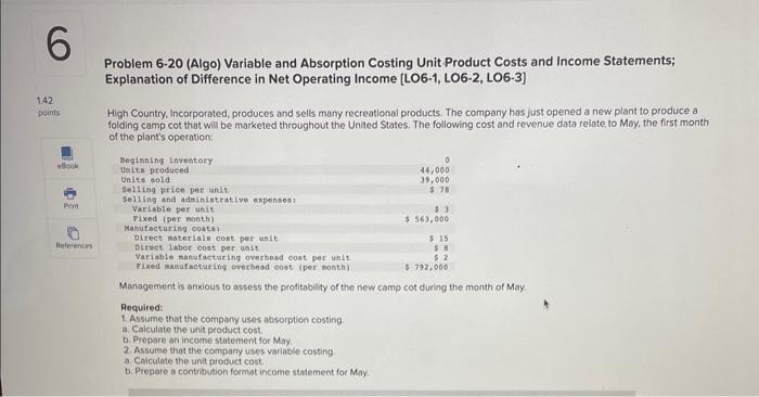 Solved Problem 6-20 (Algo) Variable and Absorption Costing | Chegg.com