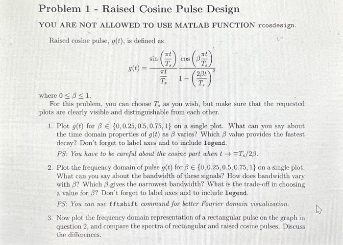 Solved Problem 1 - Raised Cosine Pulse Design YOU ARE NOT | Chegg.com