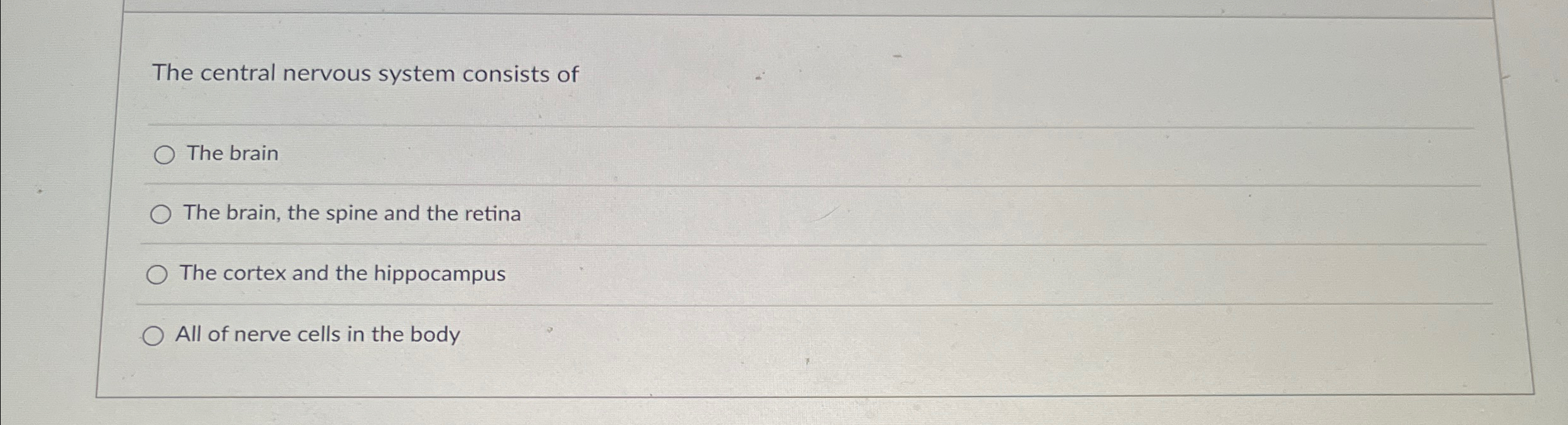 Solved The central nervous system consists ofThe brainThe | Chegg.com