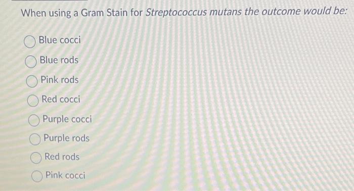 Solved When using a Gram Stain for Streptococcus mutans the | Chegg.com