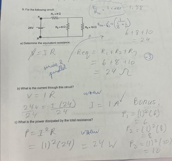 Solved 9. For the following circuit: 24V R₁ = 60 R₂ = 80 B | Chegg.com