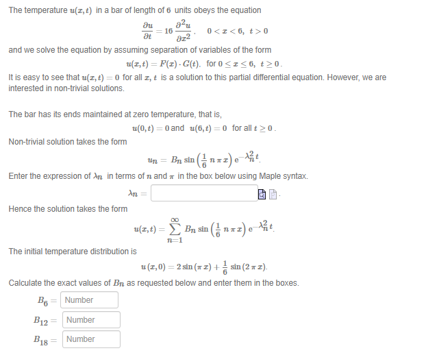 Solved by an EXPERT The temperature u(x,t) ﻿in a bar of length of 6 | Chegg.com