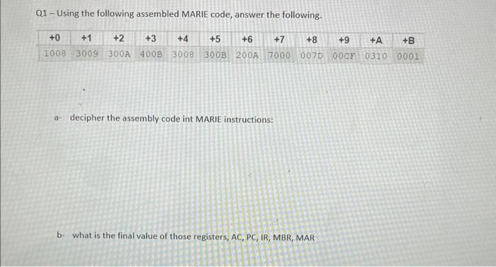 Solved Q1 - Using the following assembled MARIE code, answer | Chegg.com