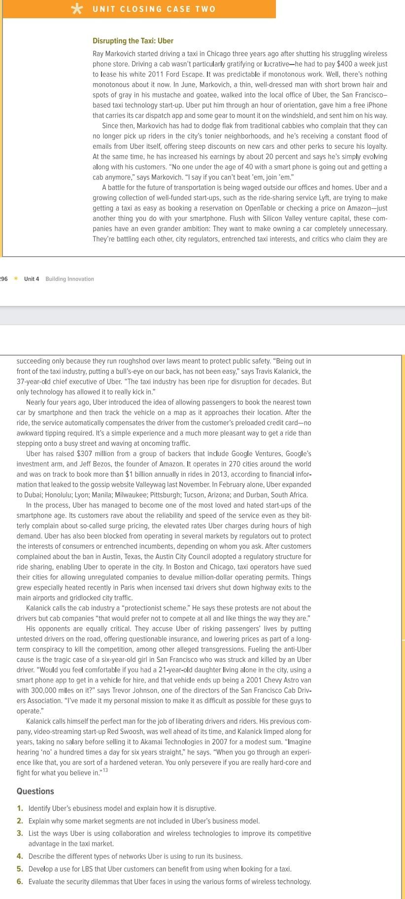 Solved * UNIT CLOSING CASE TWO Disrupting the Taxi: Uber Ray | Chegg.com