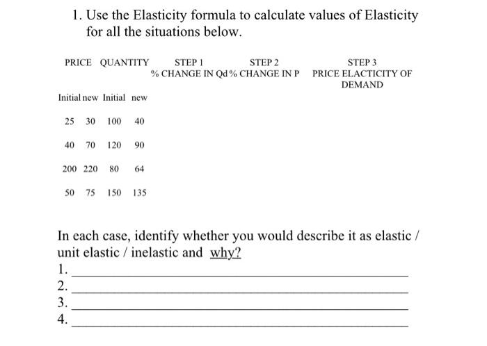 Solved 1. Use the Elasticity formula to calculate values of | Chegg.com