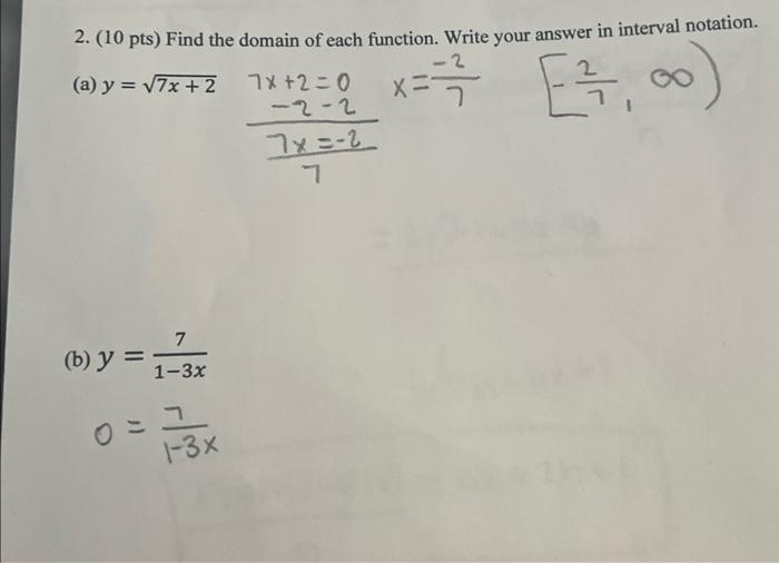 Solved 2. (10 pts) Find the domain of each function. Write | Chegg.com