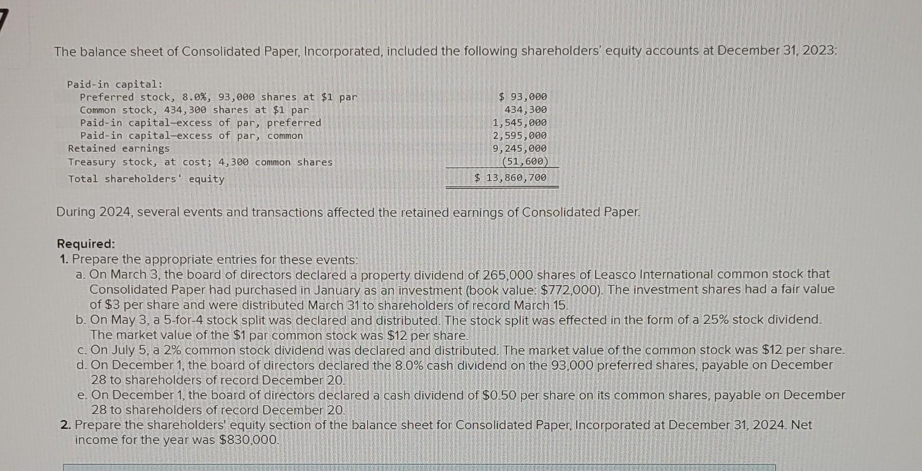 Solved The balance sheet of Consolidated Paper, | Chegg.com