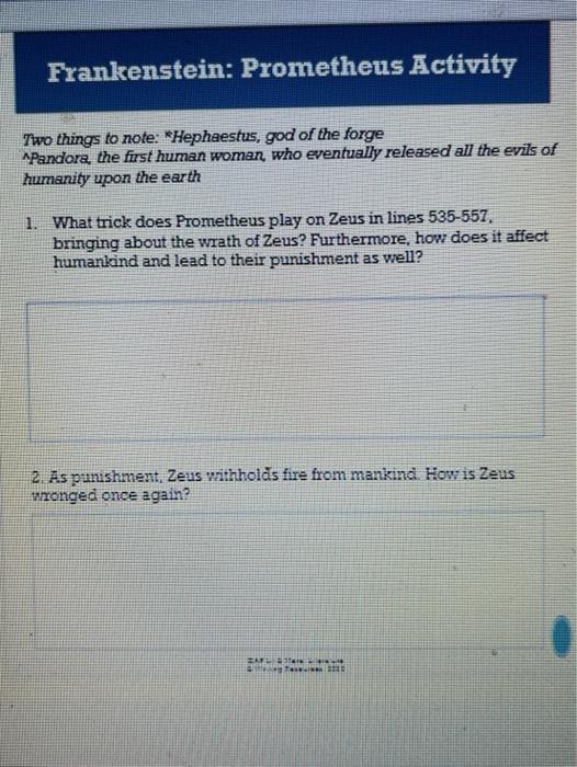 Solved Frankenstein: Prometheus Activity Two things to note: | Chegg.com