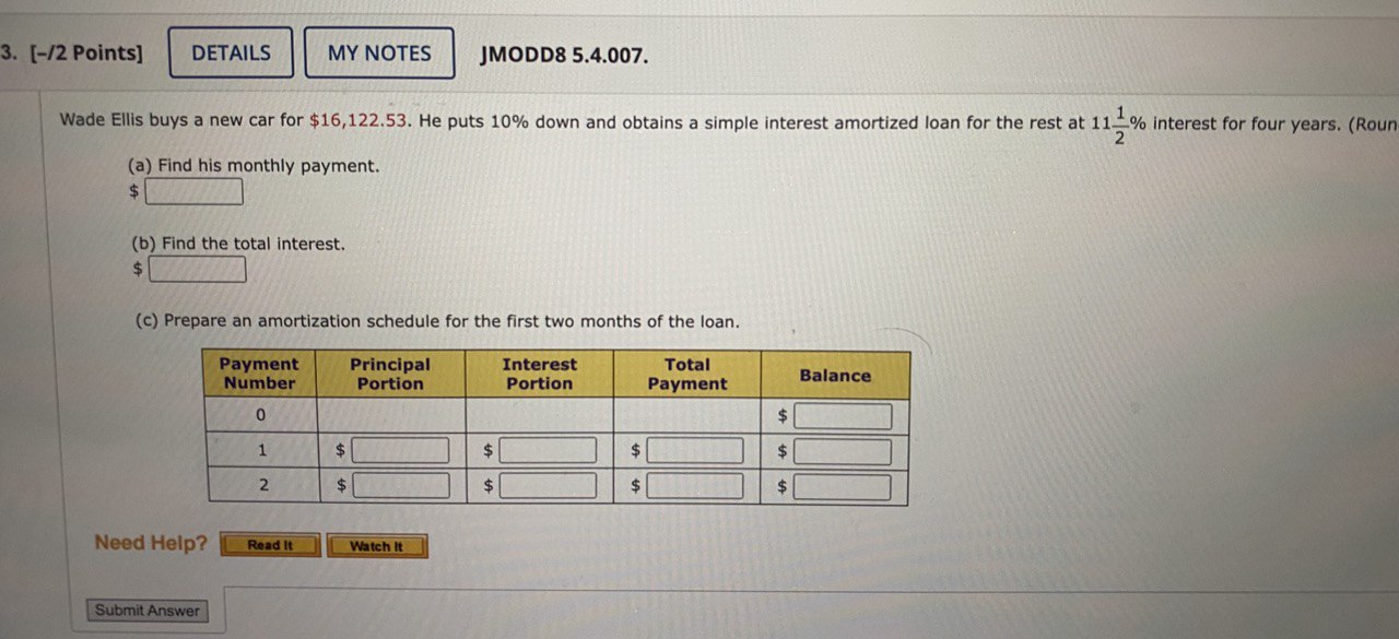 Solved [-/2 ﻿Points]JMODD8 5.4.007.Wade Ellis buys a new car | Chegg.com