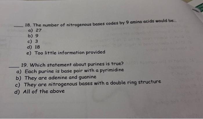 Solved 18. The number of nitrogenous bases codes by 9 amino | Chegg.com