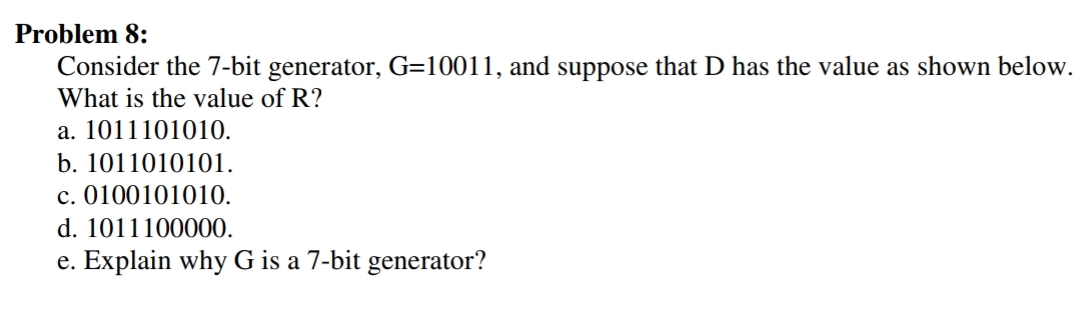 Solved Problem 8:Consider the 7-bit generator, G=10011, ﻿and | Chegg.com