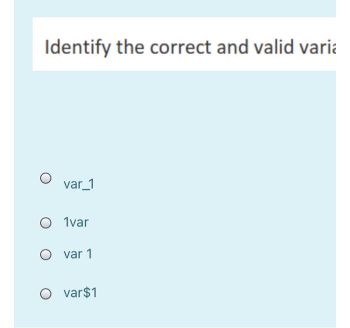 Solved Identify the correct and valid varia var_1 Ivar var 1 | Chegg.com