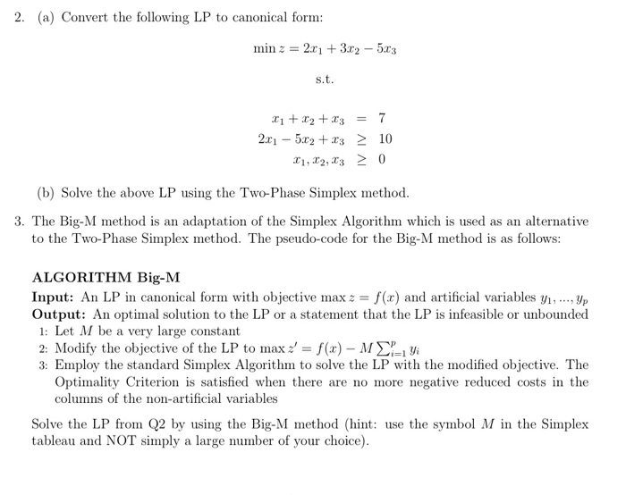 Solved 2. (a) Convert the following LP to canonical form: | Chegg.com