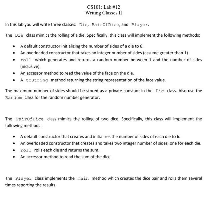 Solved CS101: Lab #12 Writing Classes II In this lab you | Chegg.com