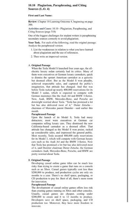 Solved 10.10 Plagiarism, Paraphrasing, and Citing Sources | Chegg.com