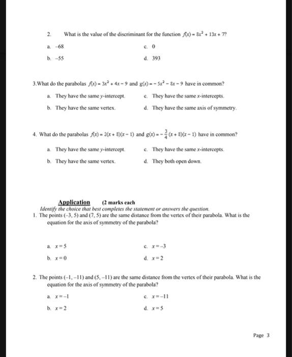 Solved MCF3M/MCR3U1-JA/JB BALC Test 3 Chapter 3 Quadratic | Chegg.com