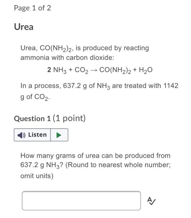 Solved Page 1 of 2 Urea Urea, CO(NH2)2, is produced by | Chegg.com