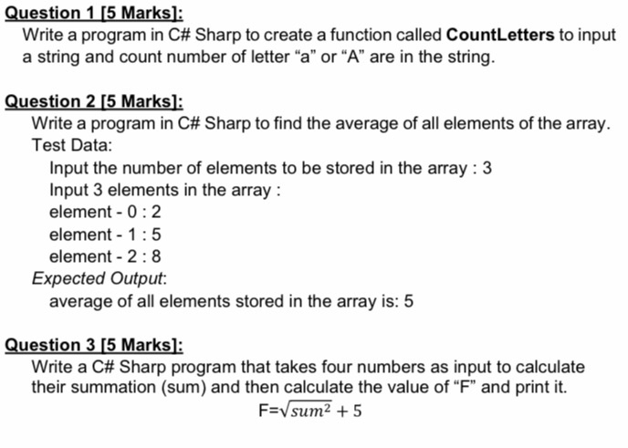 Solved Question 1 [5 Marks]: Write a program in C# Sharp to | Chegg.com
