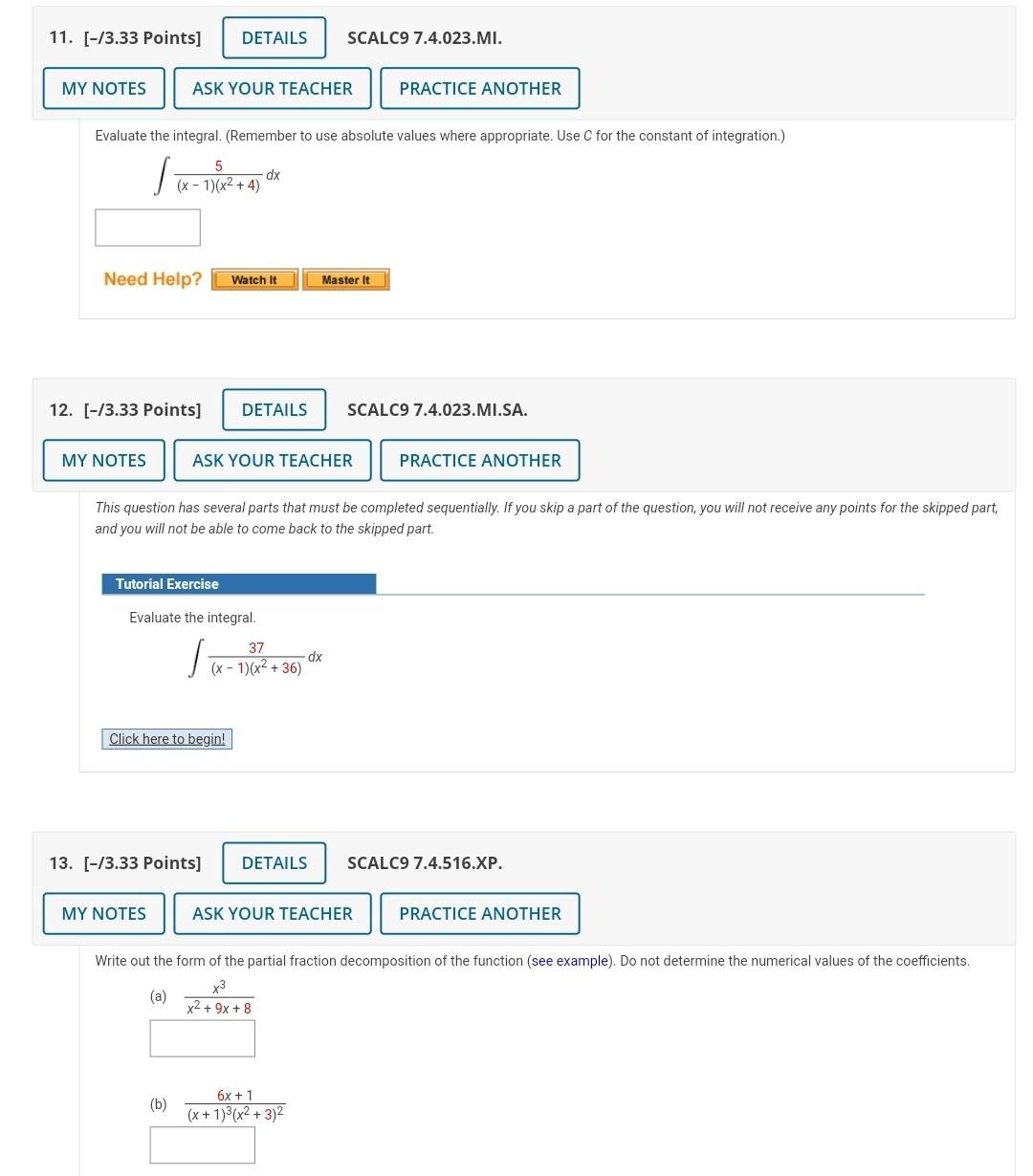 Solved 11. [-13.33 Points] DETAILS SCALC9 7.4.023.MI. MY | Chegg.com