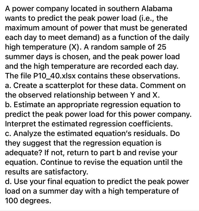 Solved A power company located in southern Alabama wants to | Chegg.com
