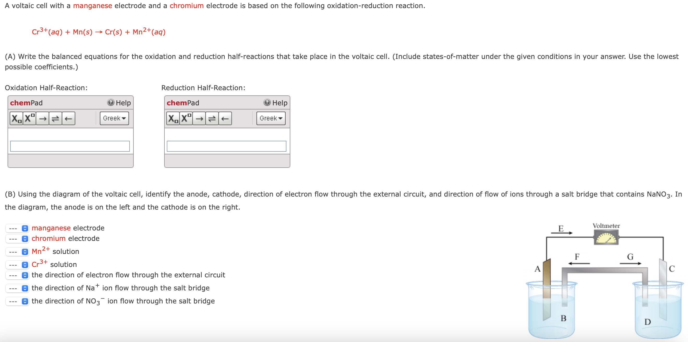 Solved A voltaic cell with a manganese electrode and a | Chegg.com