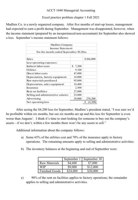 Solved $266,000 ACCT 1040 Managerial Accounting Excel | Chegg.com