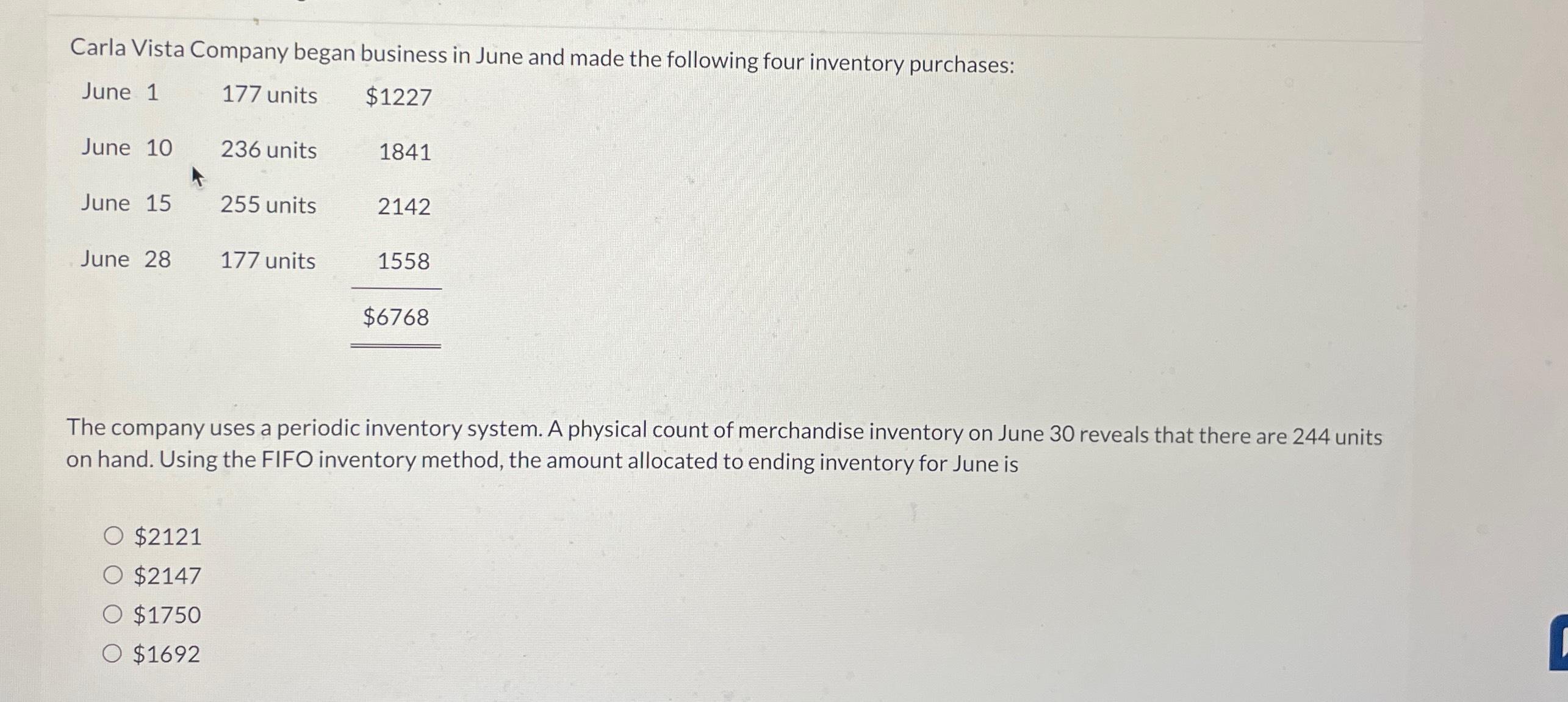 Solved \table[[Carla Vista Company began business,,],[June | Chegg.com