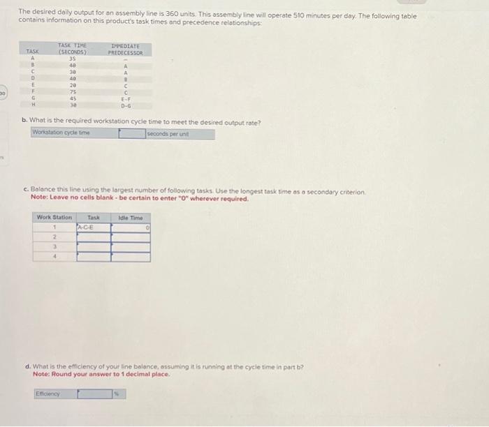 Solved The desired daily output for an assembly line is 360 | Chegg.com