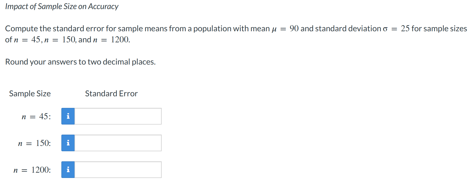 Solved Impact of Sample Size on AccuracyCompute the standard | Chegg.com