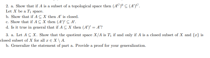 Solved a. ﻿Show that if A ﻿is a subset of a topological | Chegg.com