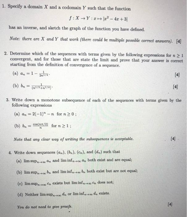 Solved 1 Specify A Domain X And A Codomain Y Such That The