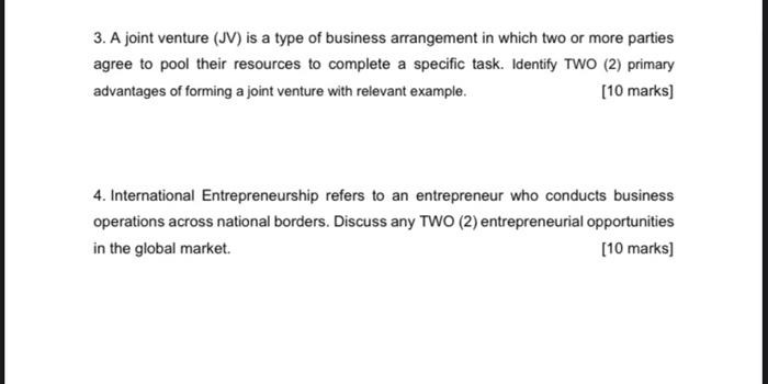 Solved 3 A Joint Venture Jv Is A Type Of Business