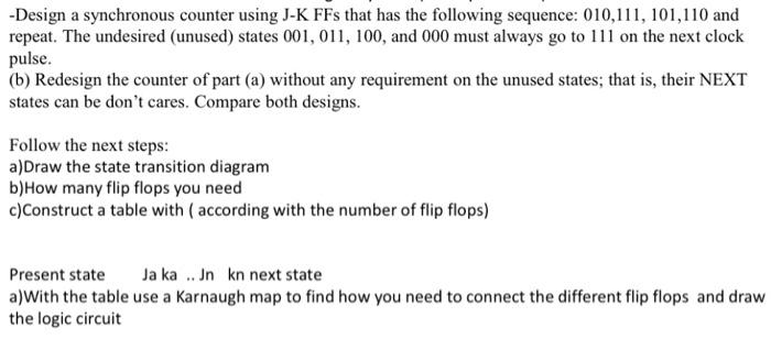 Solved -Design a synchronous counter using J-K FFs that has | Chegg.com