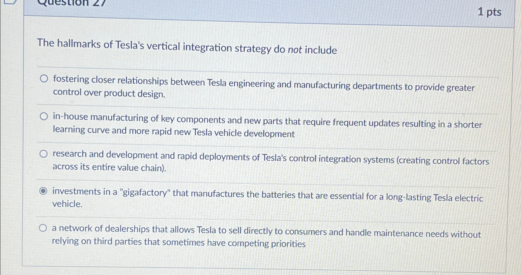 Solved 1 ﻿ptsThe hallmarks of Tesla's vertical integration | Chegg.com
