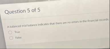 Solved Question 5 ﻿of 5A balanced trial balance indicates | Chegg.com