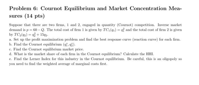 Solved Problem 6: Cournot Equilibrium and Market | Chegg.com